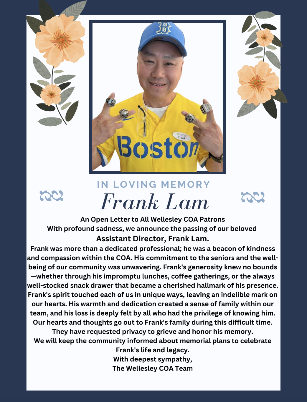 Wellesley Council on Aging pays tribute to Frank Lam, 'a beacon of kindness and compassion ...